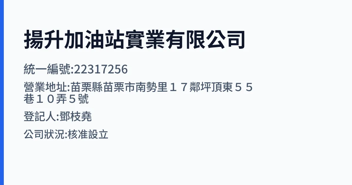 揚升加油站實業有限公司 - 統編 22317256(苗栗縣) 公司登記資料與營業項目詳細圖表
