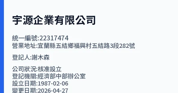 宇源企業有限公司的照片-統編 22317474(宜蘭縣) 公司登記資料與營業項目詳細圖表