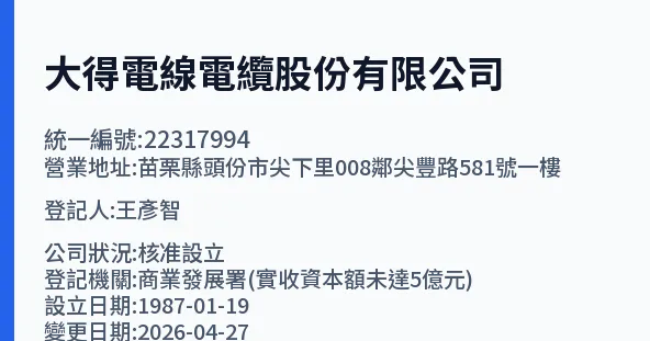 大得電線電纜股份有限公司的照片-統編 22317994(苗栗縣) 公司登記資料與營業項目詳細圖表