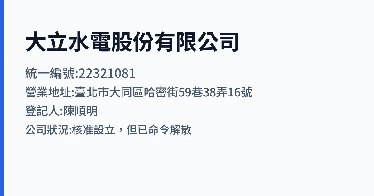 大立水電股份有限公司 - 統編 22321081（臺北市） 公司登記資料與營業項目詳細圖表