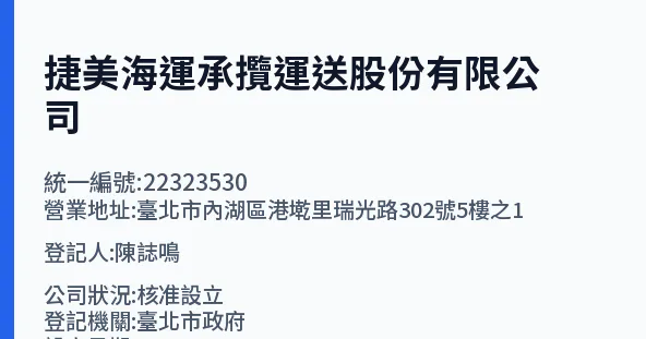 捷美海運承攬運送股份有限公司的照片-統編 22323530(臺北市) 公司登記資料與營業項目詳細圖表