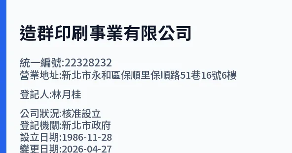 造群印刷事業有限公司的照片-統編 22328232(新北市) 公司登記資料與營業項目詳細圖表