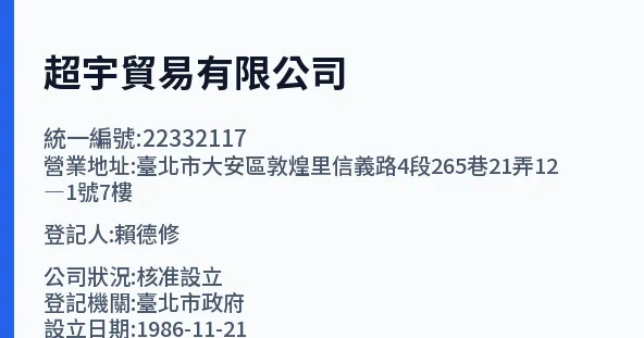 超宇貿易有限公司的照片-統編 22332117(臺北市) 公司登記資料與營業項目詳細圖表