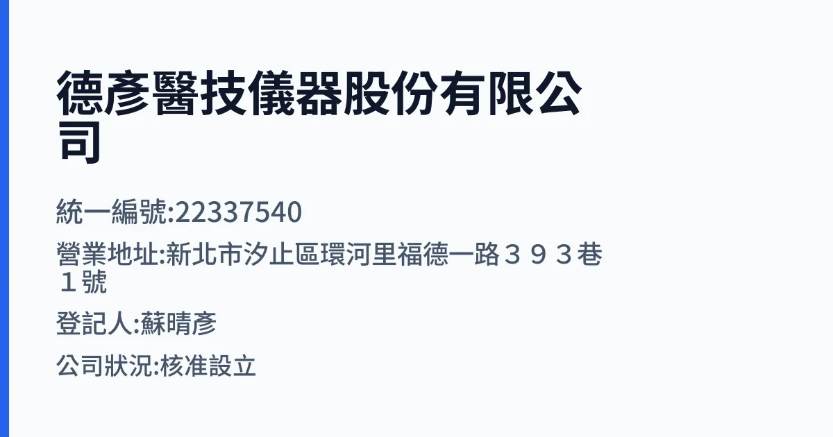 德彥醫技儀器股份有限公司 - 統編 22337540(新北市) 公司登記資料與營業項目詳細圖表