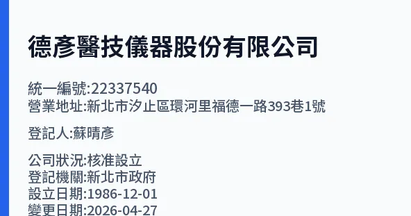 德彥醫技儀器股份有限公司的照片-統編 22337540(新北市) 公司登記資料與營業項目詳細圖表