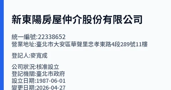 新東陽房屋仲介股份有限公司的照片-統編 22338652(臺北市) 公司登記資料與營業項目詳細圖表
