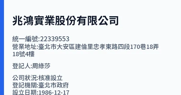 兆鴻實業股份有限公司的照片-統編 22339553(臺北市) 公司登記資料與營業項目詳細圖表
