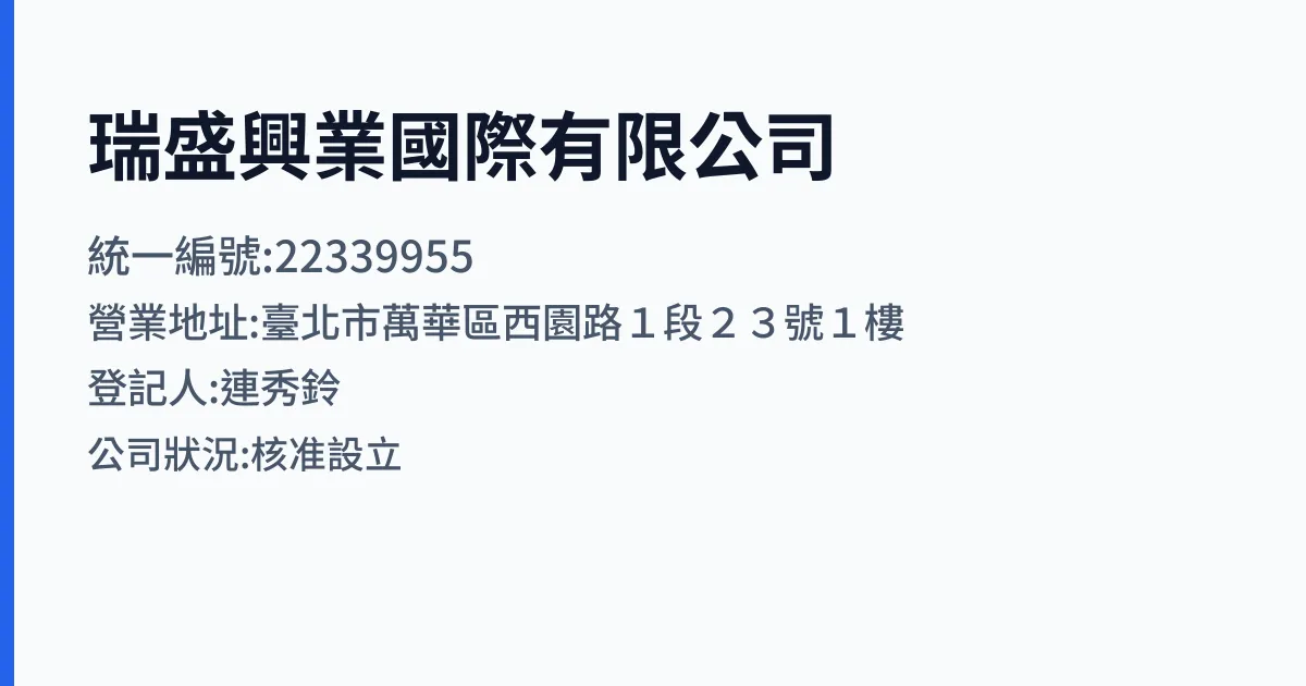 瑞盛興業國際有限公司 - 統編 22339955(臺北市) 公司登記資料與營業項目詳細圖表