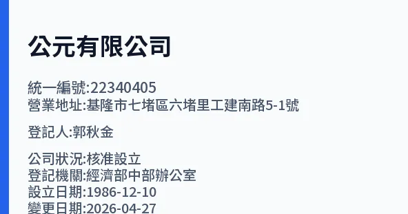 公元有限公司的照片-統編 22340405(基隆市) 公司登記資料與營業項目詳細圖表