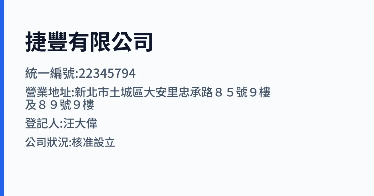 捷豐有限公司 - 統編 22345794(新北市) 公司登記資料與營業項目詳細圖表