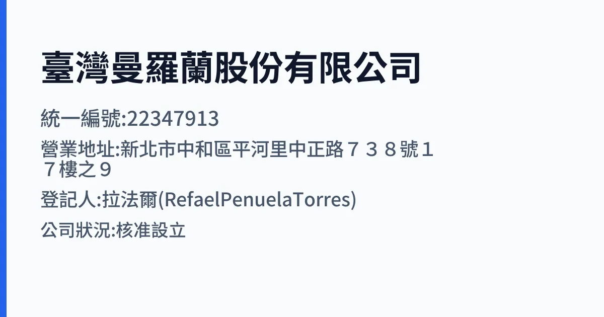 臺灣曼羅蘭股份有限公司 - 統編 22347913(新北市) 公司登記資料與營業項目詳細圖表