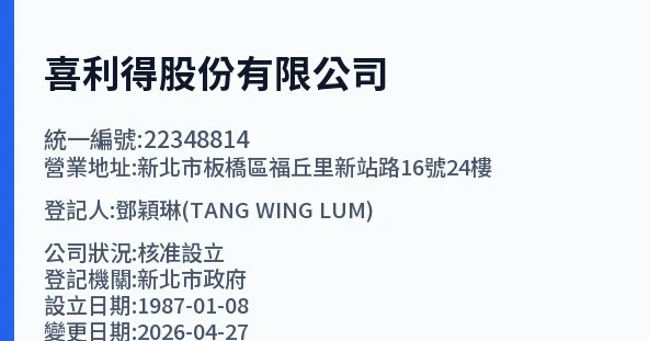 喜利得股份有限公司的照片-統編 22348814(新北市) 公司登記資料與營業項目詳細圖表