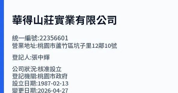 華得山莊實業有限公司的照片-統編 22356601(桃園市) 公司登記資料與營業項目詳細圖表
