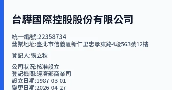 台驊國際控股股份有限公司的照片-統編 22358734(臺北市) 公司登記資料與營業項目詳細圖表
