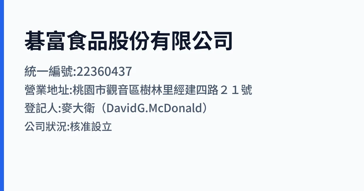 碁富食品股份有限公司 - 統編 22360437(桃園市) 公司登記資料與營業項目詳細圖表