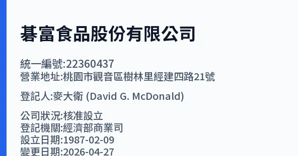 碁富食品股份有限公司的照片-統編 22360437(桃園市) 公司登記資料與營業項目詳細圖表