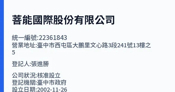 菩能國際股份有限公司的照片-統編 22361843(臺中市) 公司登記資料與營業項目詳細圖表