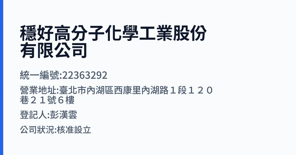 穩好高分子化學工業股份有限公司 - 統編 22363292(臺北市) 公司登記資料與營業項目詳細圖表