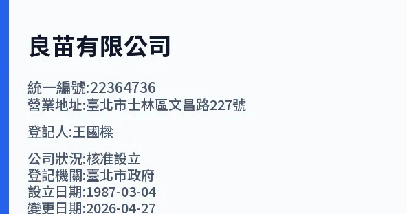 良苗有限公司的照片-統編 22364736(臺北市) 公司登記資料與營業項目詳細圖表