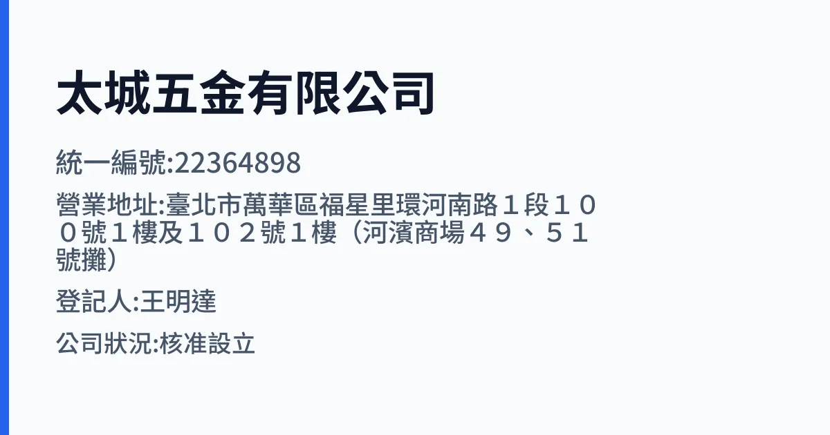 太城五金有限公司 - 統編 22364898(臺北市) 公司登記資料與營業項目詳細圖表