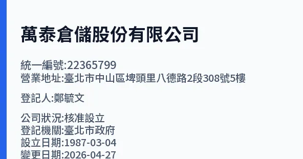 萬泰倉儲股份有限公司的照片-統編 22365799(臺北市) 公司登記資料與營業項目詳細圖表
