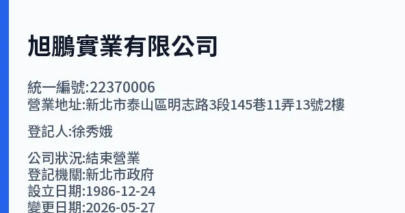 旭鵬實業有限公司的照片-統編 22370006(新北市) 公司登記資料與營業項目詳細圖表
