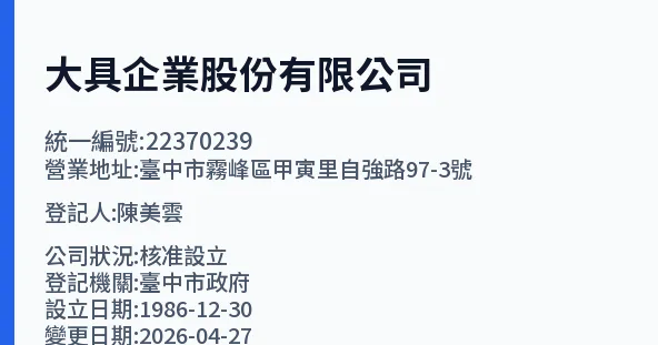 大具企業股份有限公司的照片-統編 22370239(臺中市) 公司登記資料與營業項目詳細圖表