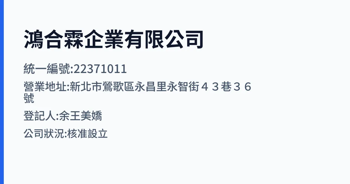 鴻合霖企業有限公司 - 統編 22371011(新北市) 公司登記資料與營業項目詳細圖表