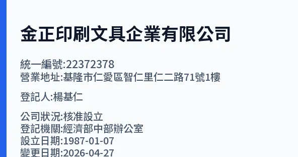 金正印刷文具企業有限公司的照片-統編 22372378(基隆市) 公司登記資料與營業項目詳細圖表
