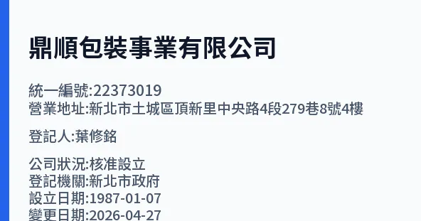 鼎順包裝事業有限公司的照片-統編 22373019(新北市) 公司登記資料與營業項目詳細圖表