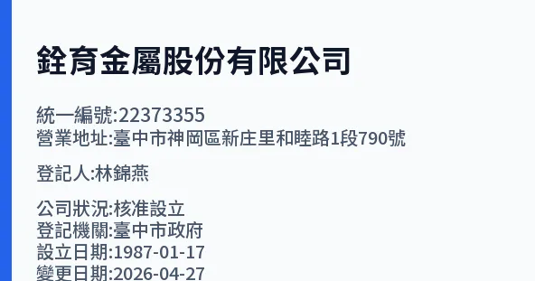 銓育金屬股份有限公司的照片-統編 22373355(臺中市) 公司登記資料與營業項目詳細圖表