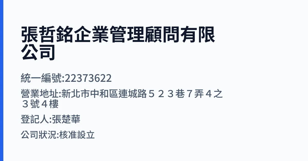 張哲銘企業管理顧問有限公司 - 統編 22373622(新北市) 公司登記資料與營業項目詳細圖表