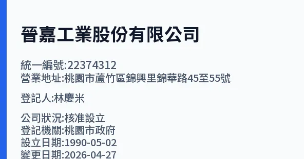 晉嘉工業股份有限公司的照片-統編 22374312(桃園市) 公司登記資料與營業項目詳細圖表