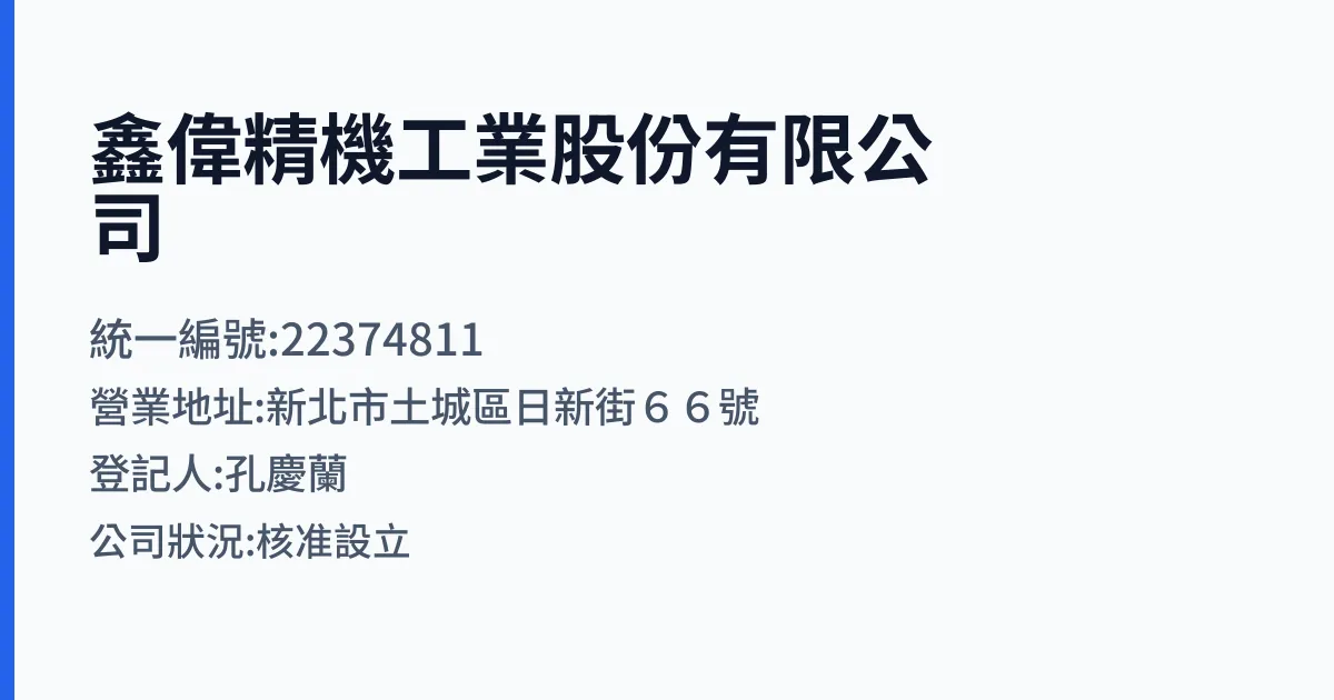 鑫偉精機工業股份有限公司 - 統編 22374811(新北市) 公司登記資料與營業項目詳細圖表