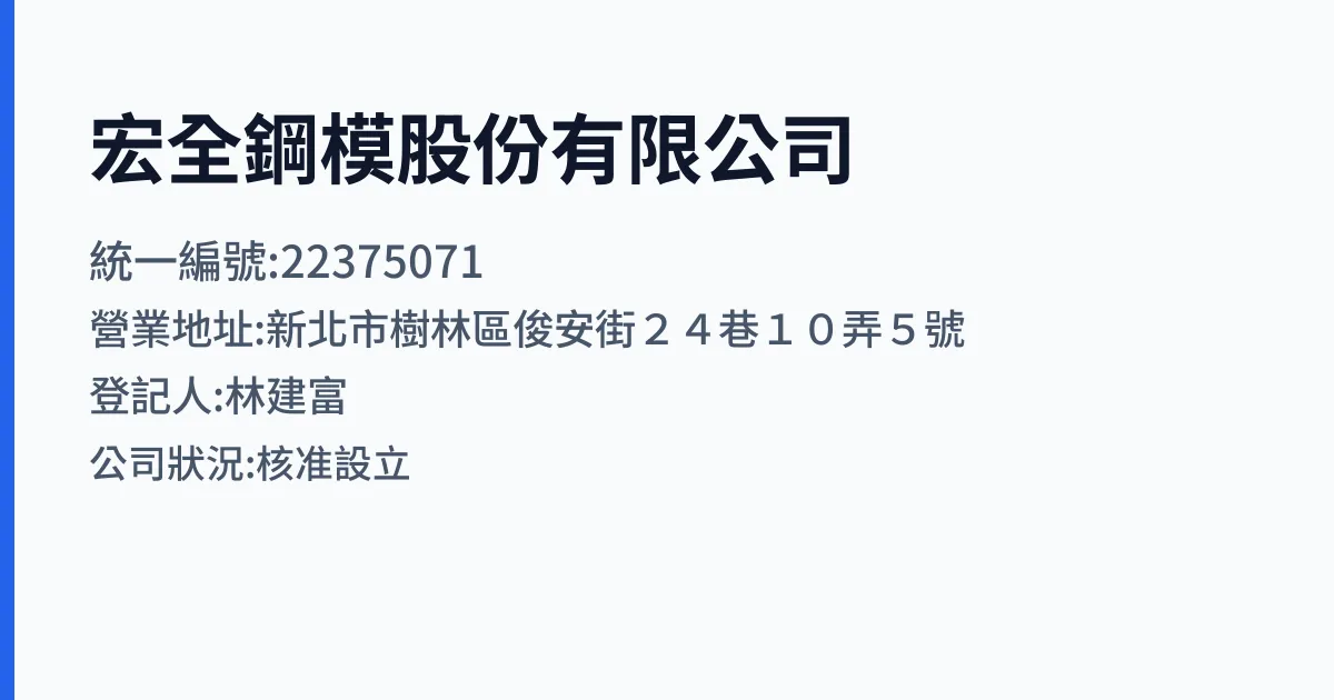 宏全鋼模股份有限公司 - 統編 22375071(新北市) 公司登記資料與營業項目詳細圖表