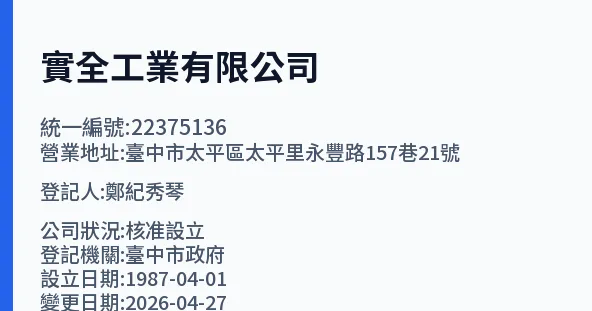 實全工業有限公司的照片-統編 22375136(臺中市) 公司登記資料與營業項目詳細圖表