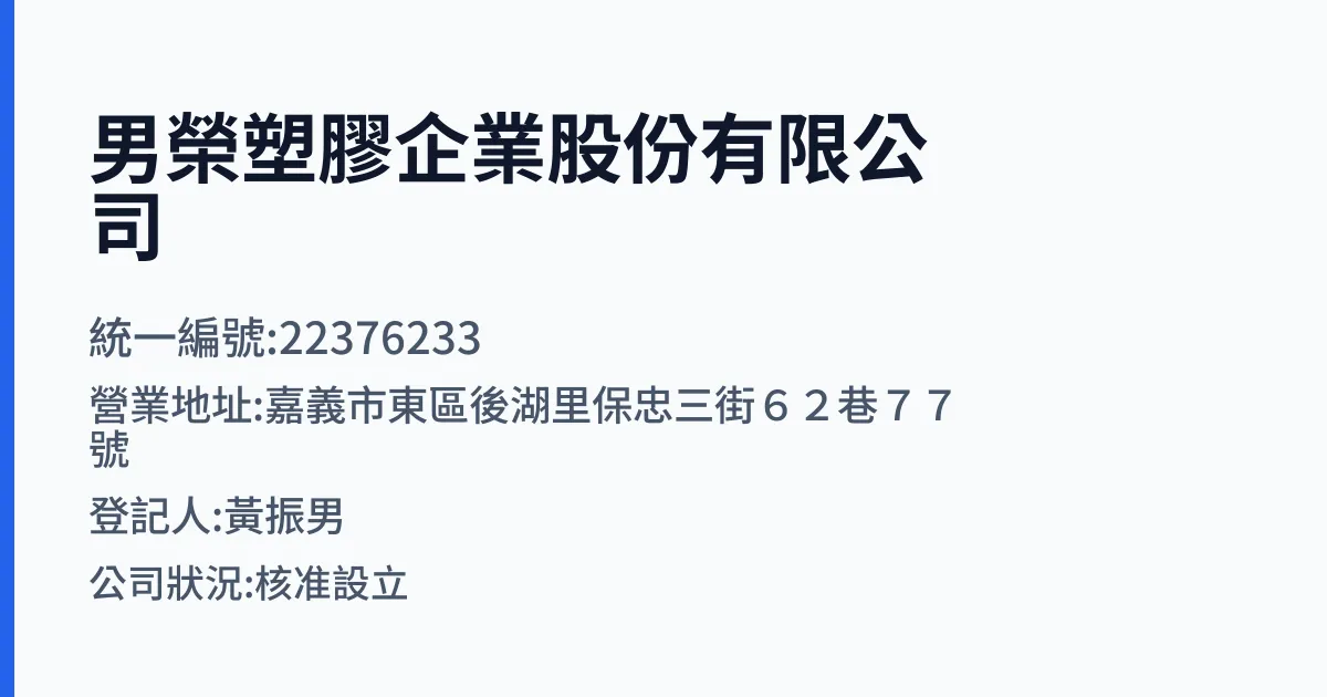 男榮塑膠企業股份有限公司 - 統編 22376233(嘉義市) 公司登記資料與營業項目詳細圖表