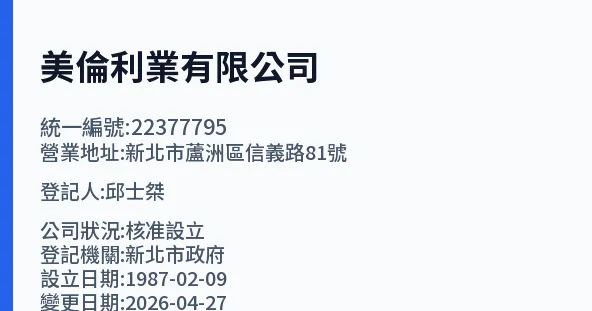 美倫利業有限公司的照片-統編 22377795(新北市) 公司登記資料與營業項目詳細圖表