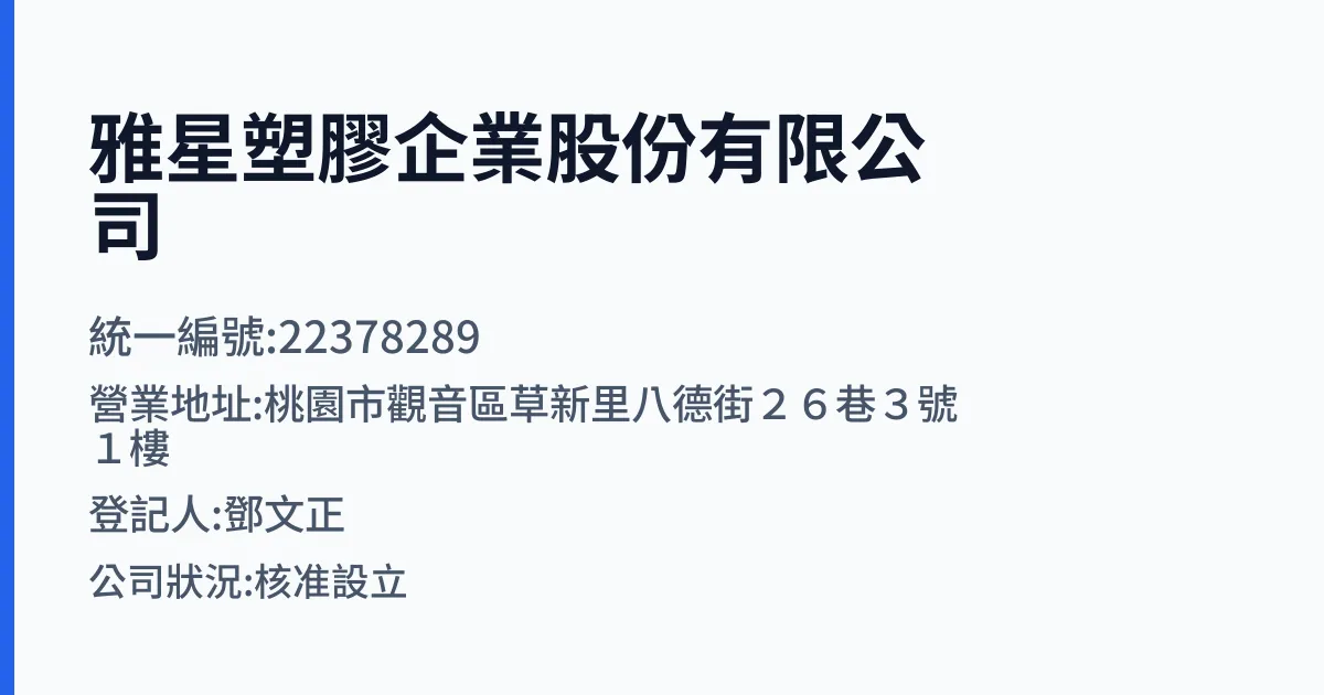 雅星塑膠企業股份有限公司 - 統編 22378289(桃園市) 公司登記資料與營業項目詳細圖表