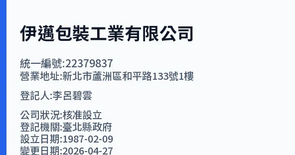 伊邁包裝工業有限公司的照片-統編 22379837(新北市) 公司登記資料與營業項目詳細圖表