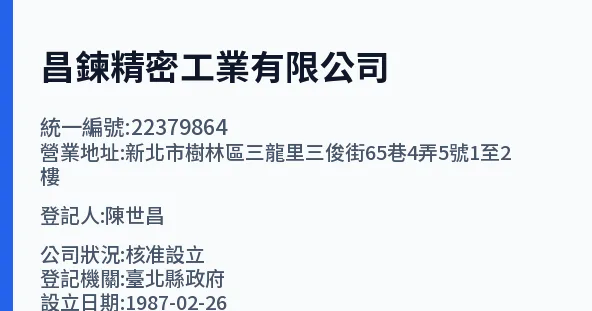 昌鍊精密工業有限公司的照片-統編 22379864(新北市) 公司登記資料與營業項目詳細圖表