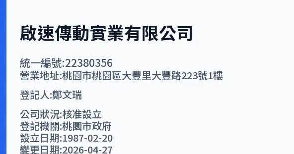 啟速傳動實業有限公司的照片-統編 22380356(桃園市) 公司登記資料與營業項目詳細圖表