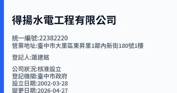 得揚水電工程有限公司的照片-統編 22382220(臺中市) 公司登記資料與營業項目詳細圖表