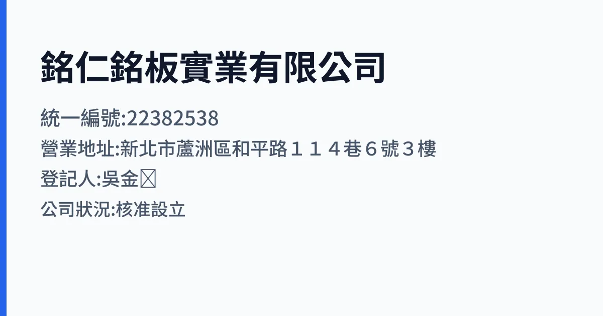 銘仁銘板實業有限公司 - 統編 22382538(新北市) 公司登記資料與營業項目詳細圖表