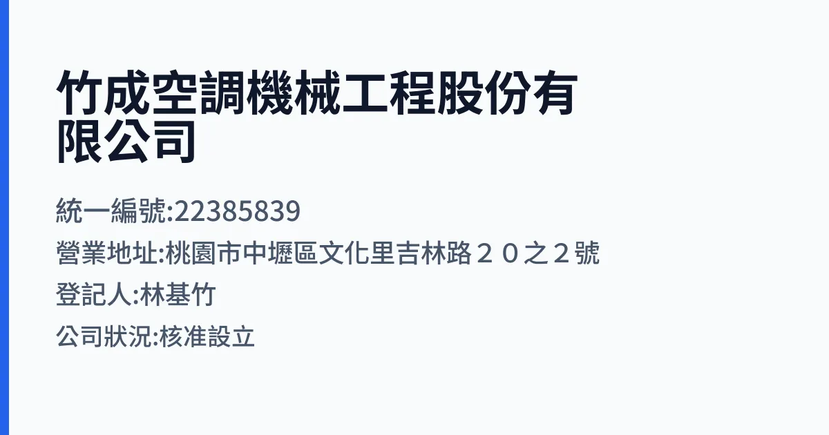 竹成空調機械工程股份有限公司 - 統編 22385839(桃園市) 公司登記資料與營業項目詳細圖表