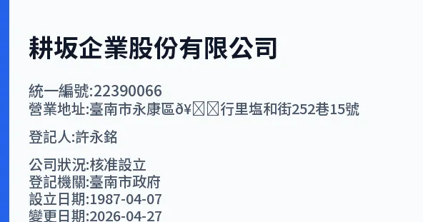 耕坂企業股份有限公司的照片-統編 22390066(臺南市) 公司登記資料與營業項目詳細圖表