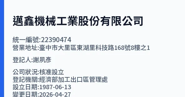 邁鑫機械工業股份有限公司的照片-統編 22390474(臺中市) 公司登記資料與營業項目詳細圖表