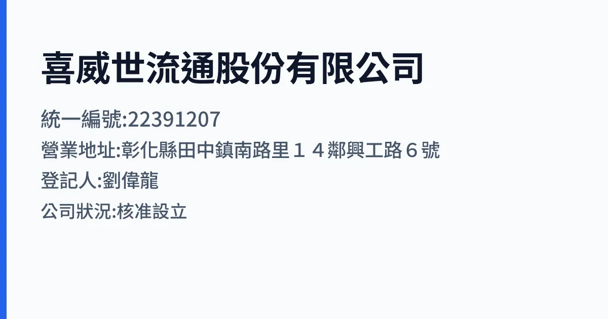 喜威世流通股份有限公司 - 統編 22391207(彰化縣) 公司登記資料與營業項目詳細圖表
