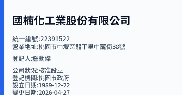 國楠化工業股份有限公司的照片-統編 22391522(桃園市) 公司登記資料與營業項目詳細圖表