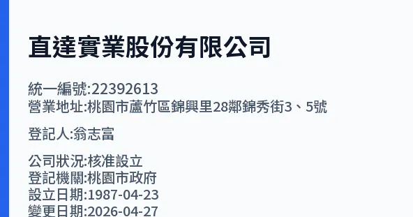 直達實業股份有限公司的照片-統編 22392613(桃園市) 公司登記資料與營業項目詳細圖表